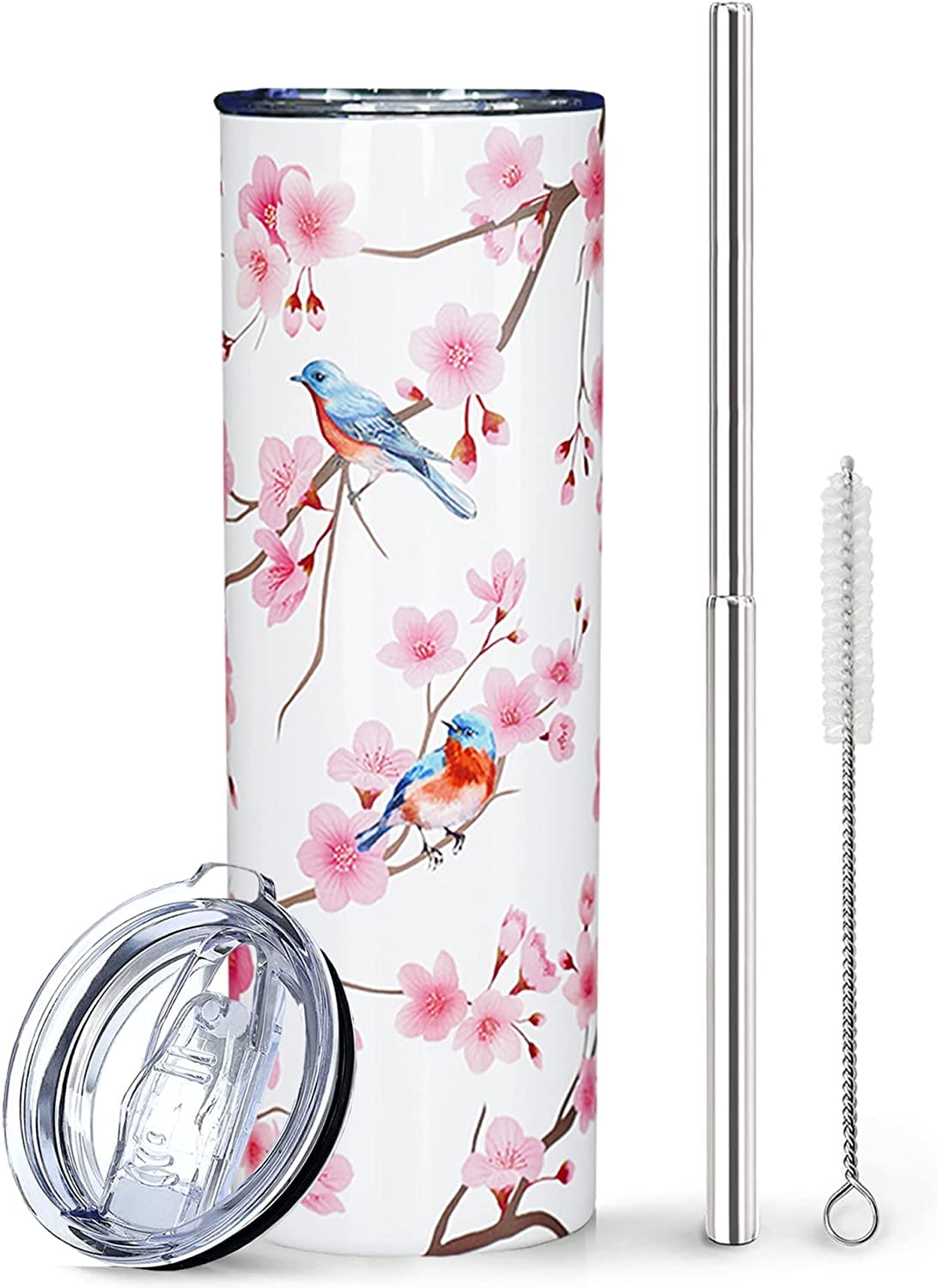 Cherry Blossom Tumbler with Lid and Straw - Pink Cherry Blossom Bird ...