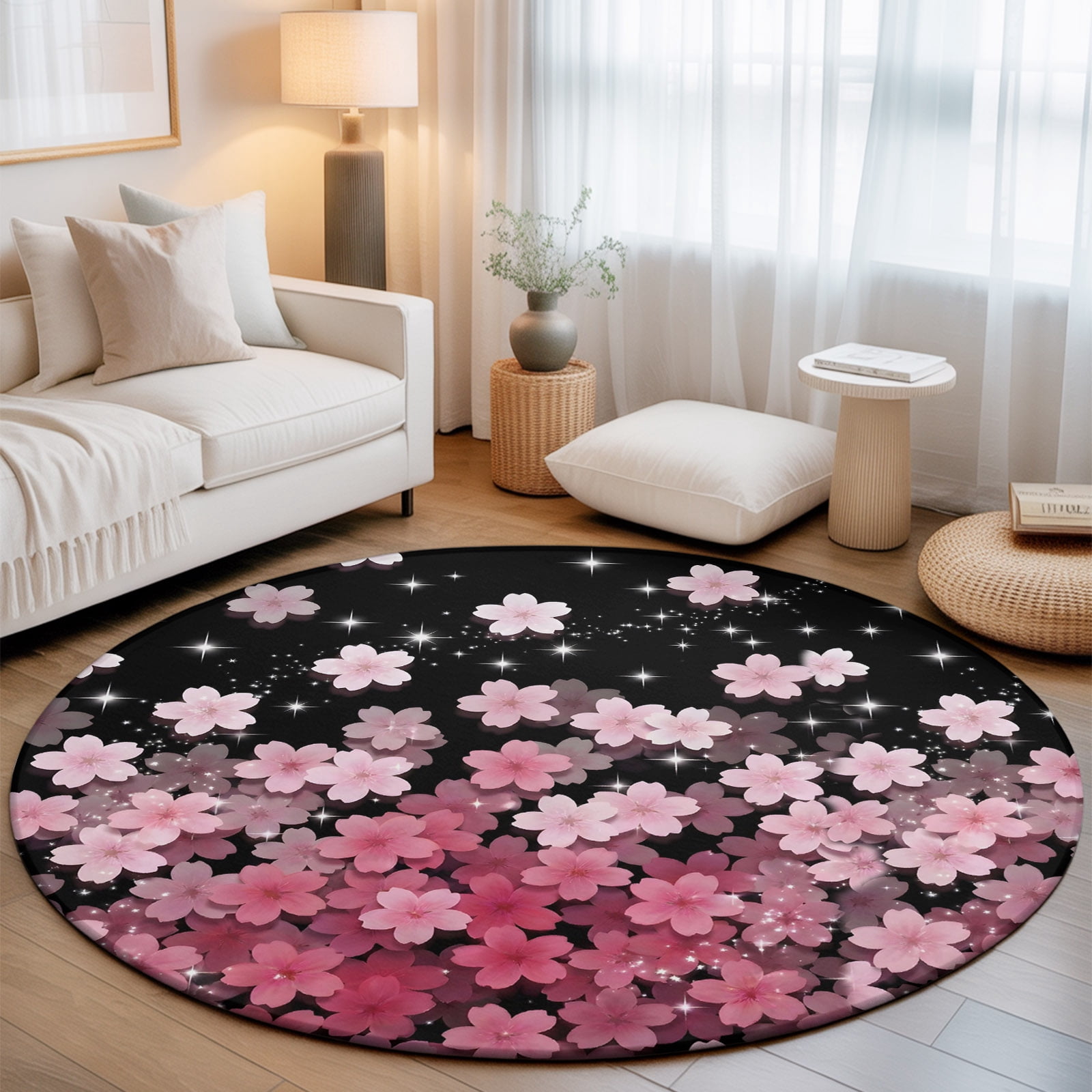 Cherry Blossom Washable Round Area Rug 3.3 ft, Pink Gradient Floral ...