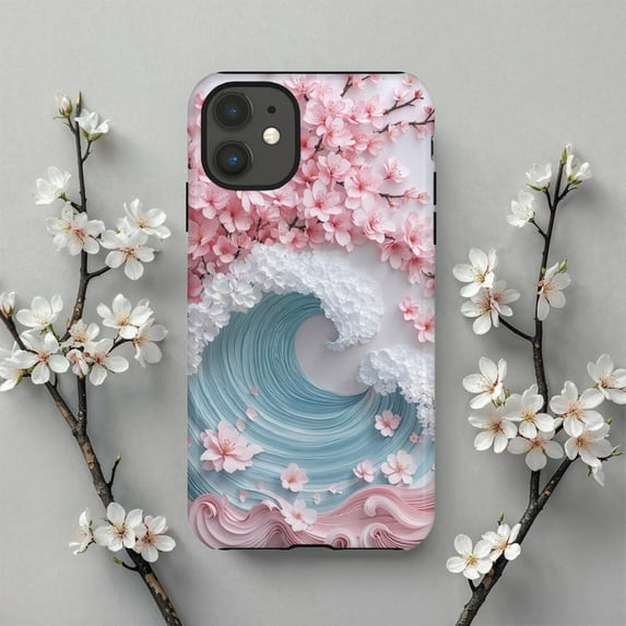 Cherry Blossom Wave Case iPhone 11 12 13 14 15 16 Pro Max Japanese ...