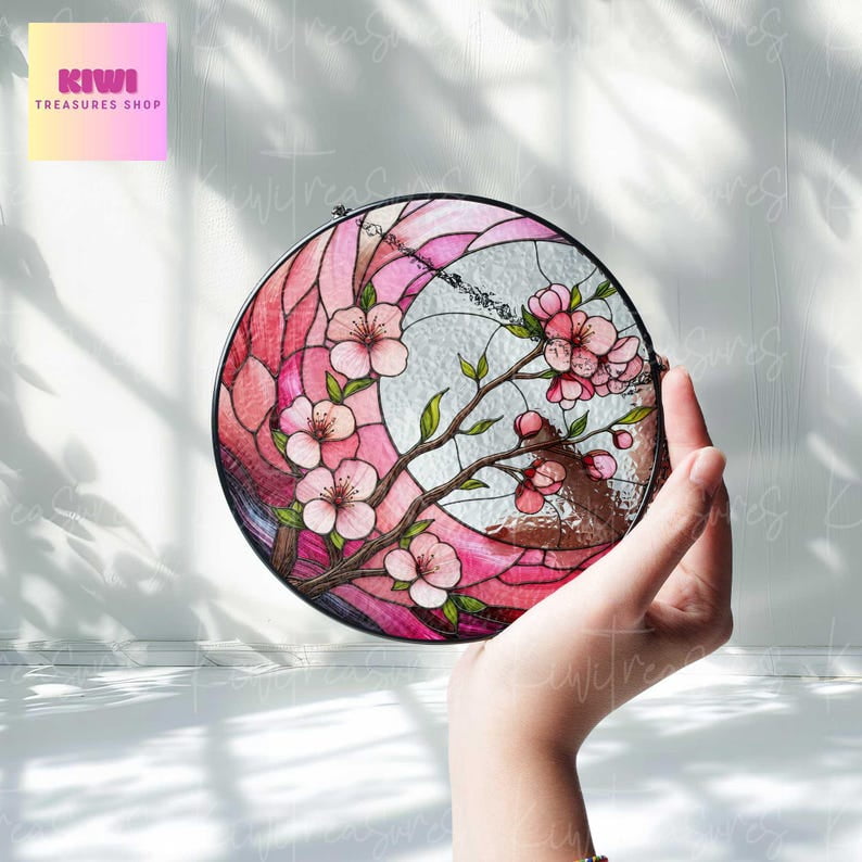 Cherry Blossom crescent moon GLASS Suncatcher Hanging, Spring landscape ...