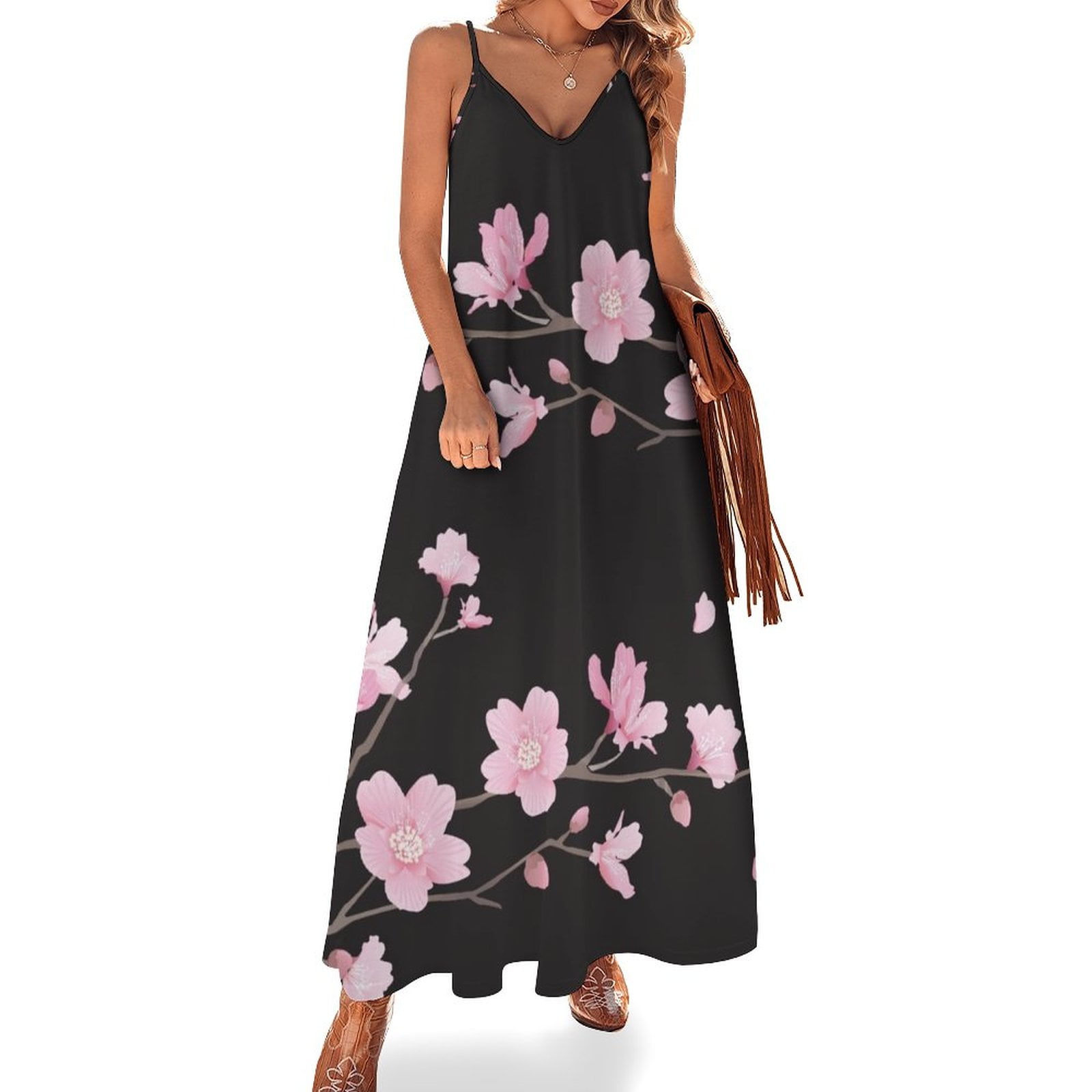 Cherry Blossom flower plant - Black Sleeveless Dress women clothes ...