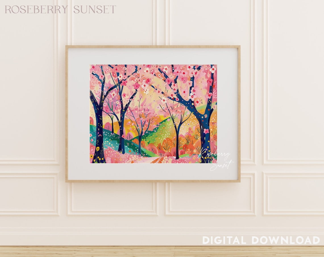 Cherry Blossoms Abstract Spring Landscape Painting Art Print, Sakura ...