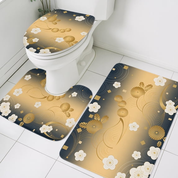 Cherry Blossoms Bathroom Rugs Set Japanese Style Ombre Gold Flower ...