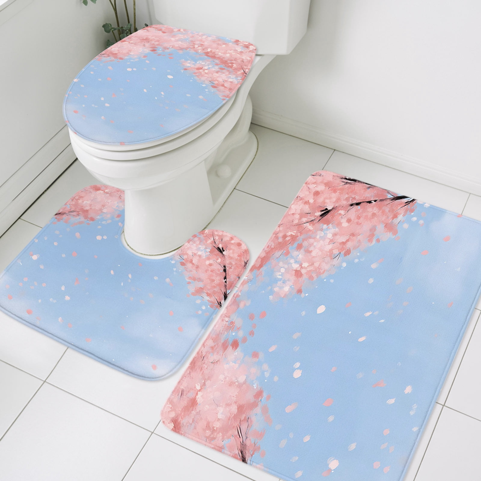Cherry Blossoms Bathroom Rugs Set Pink Falling Flowers Blue Sky Oil ...