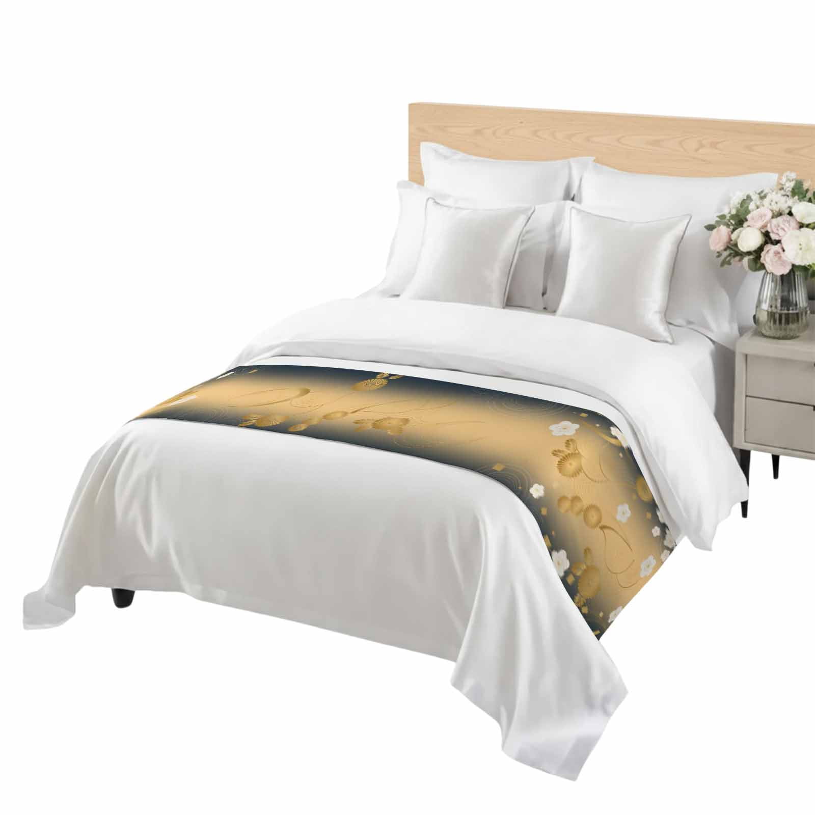 Cherry Blossoms Bed Runner Queen Size Japanese Style Ombre Gold Flower ...