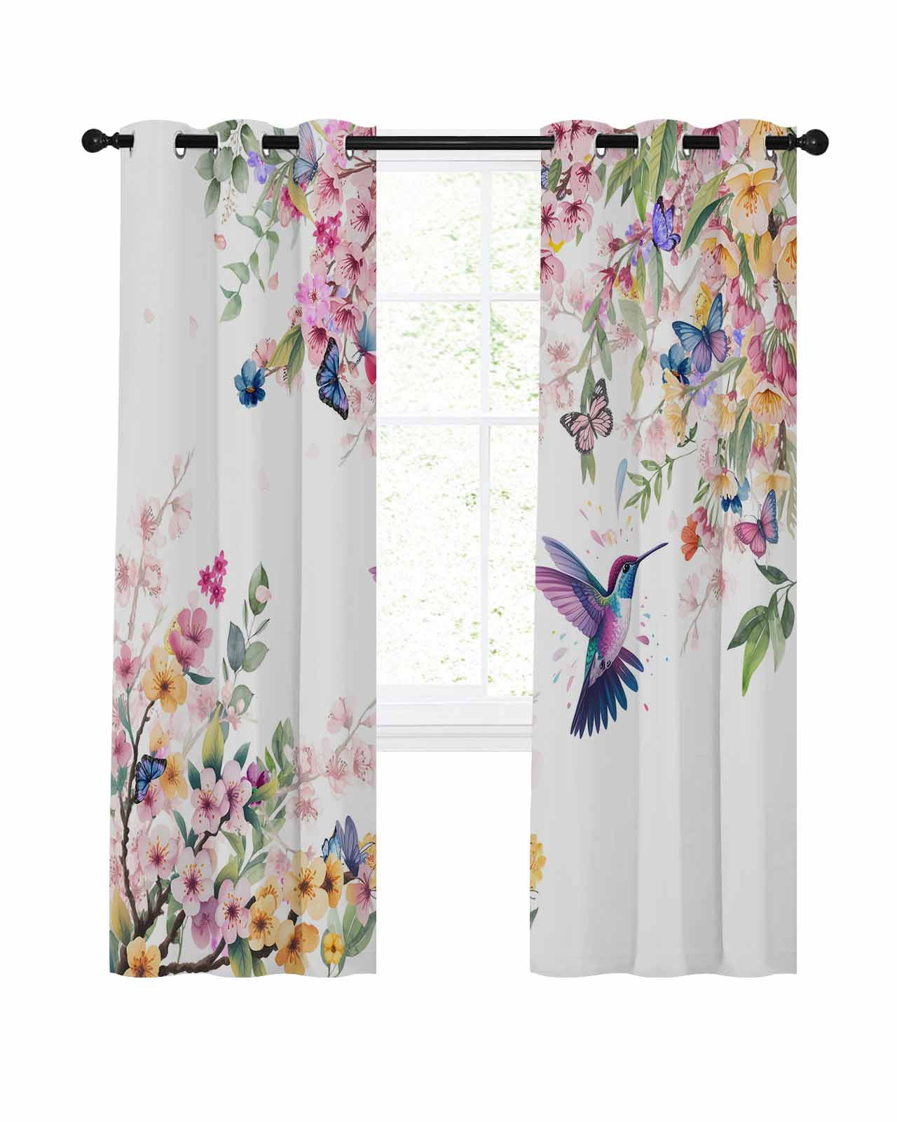 Cherry Blossoms Bird Blackout Curtains 63 Inch Length Colorful Flowers ...