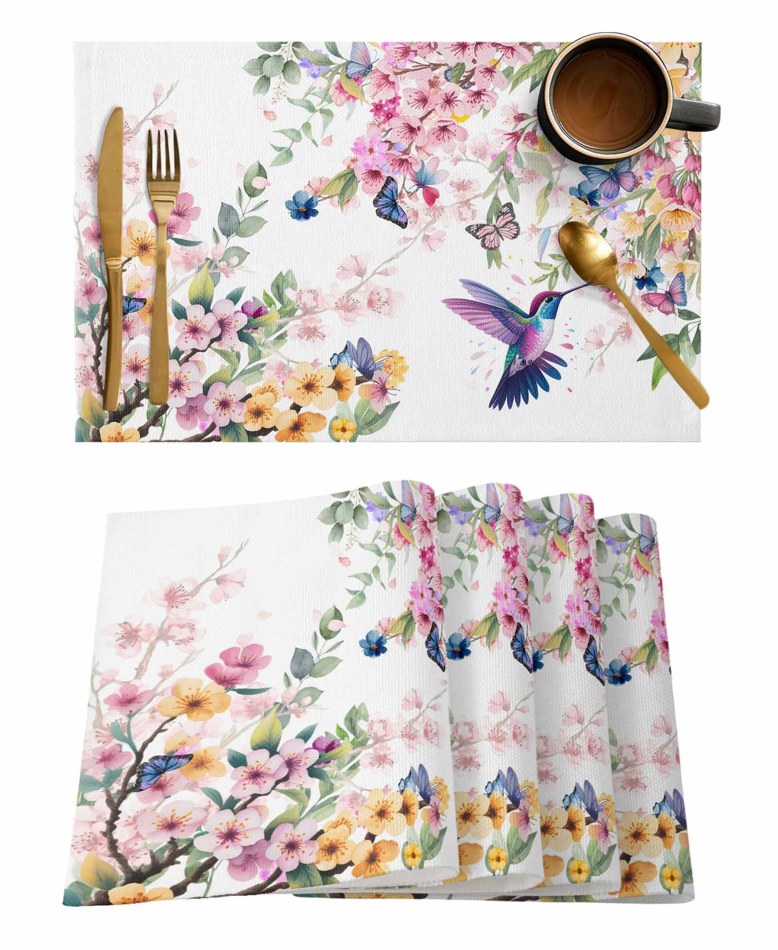 Cherry Blossoms Bird Placemats Set of 1 Colorful Flowers Butterfly Heat ...