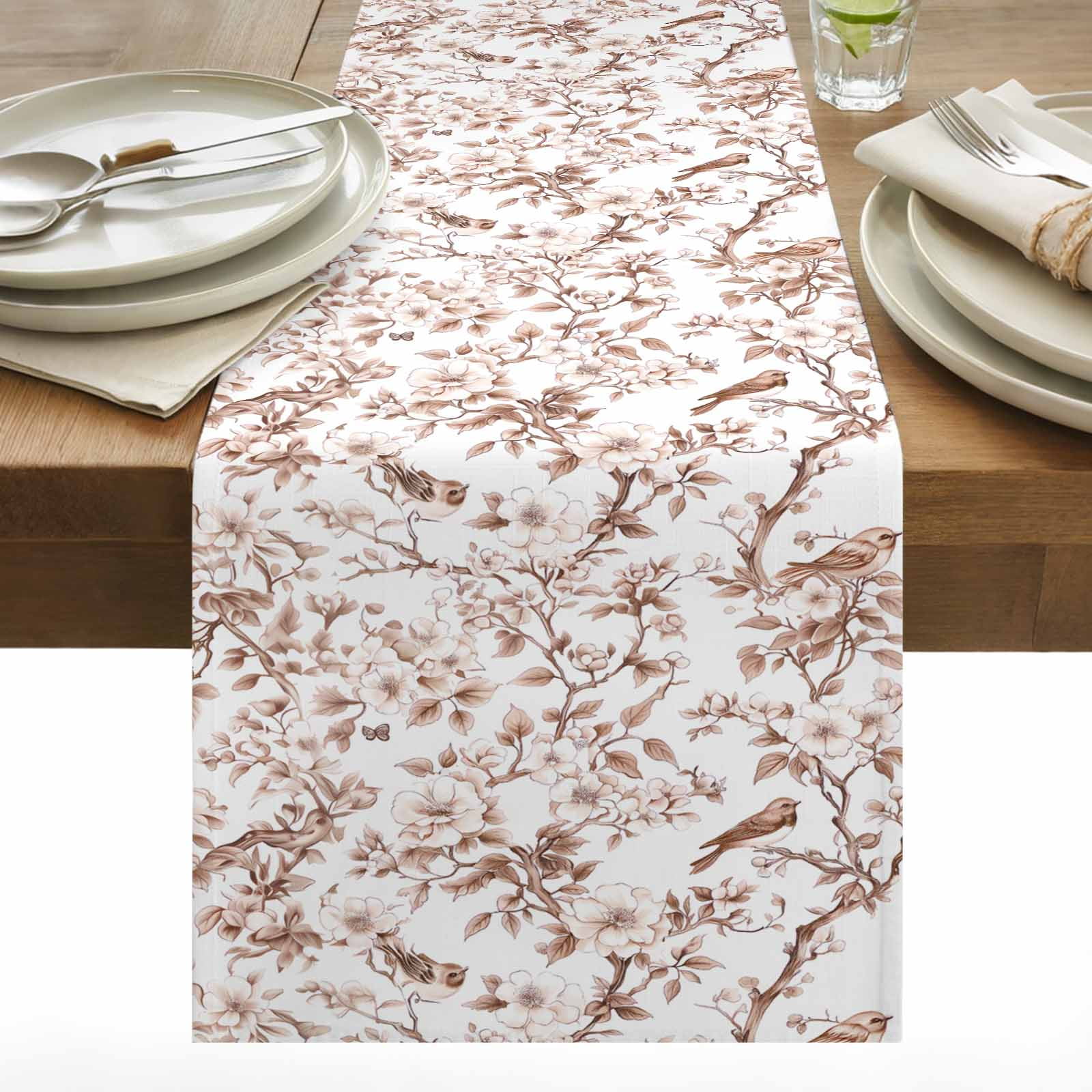 Cherry Blossoms Birds Table Runner 13x90 inch Leaf Branches Plants ...