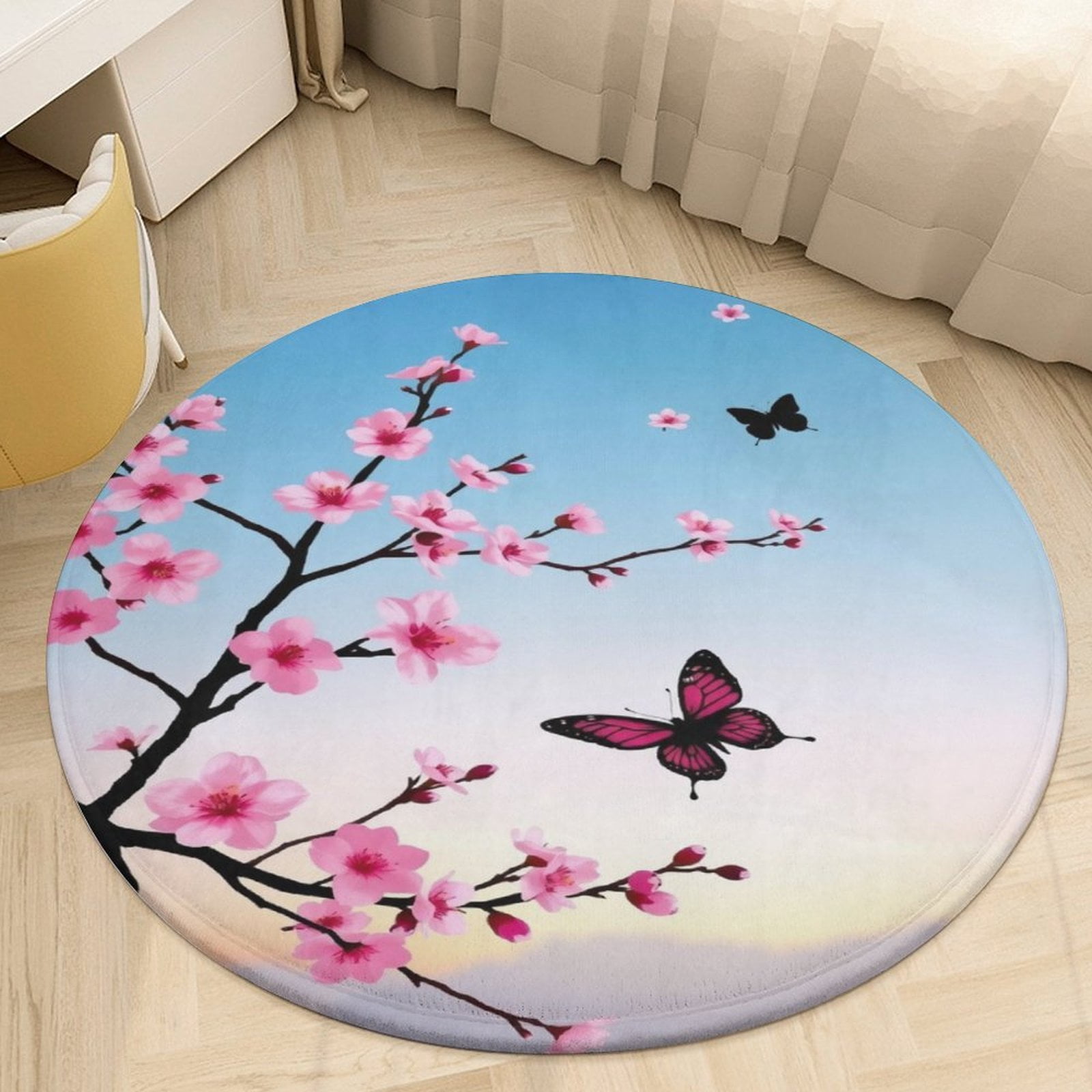 Cherry Blossoms Butterflies Spring Area Rug Round Carpet Rug for Living ...
