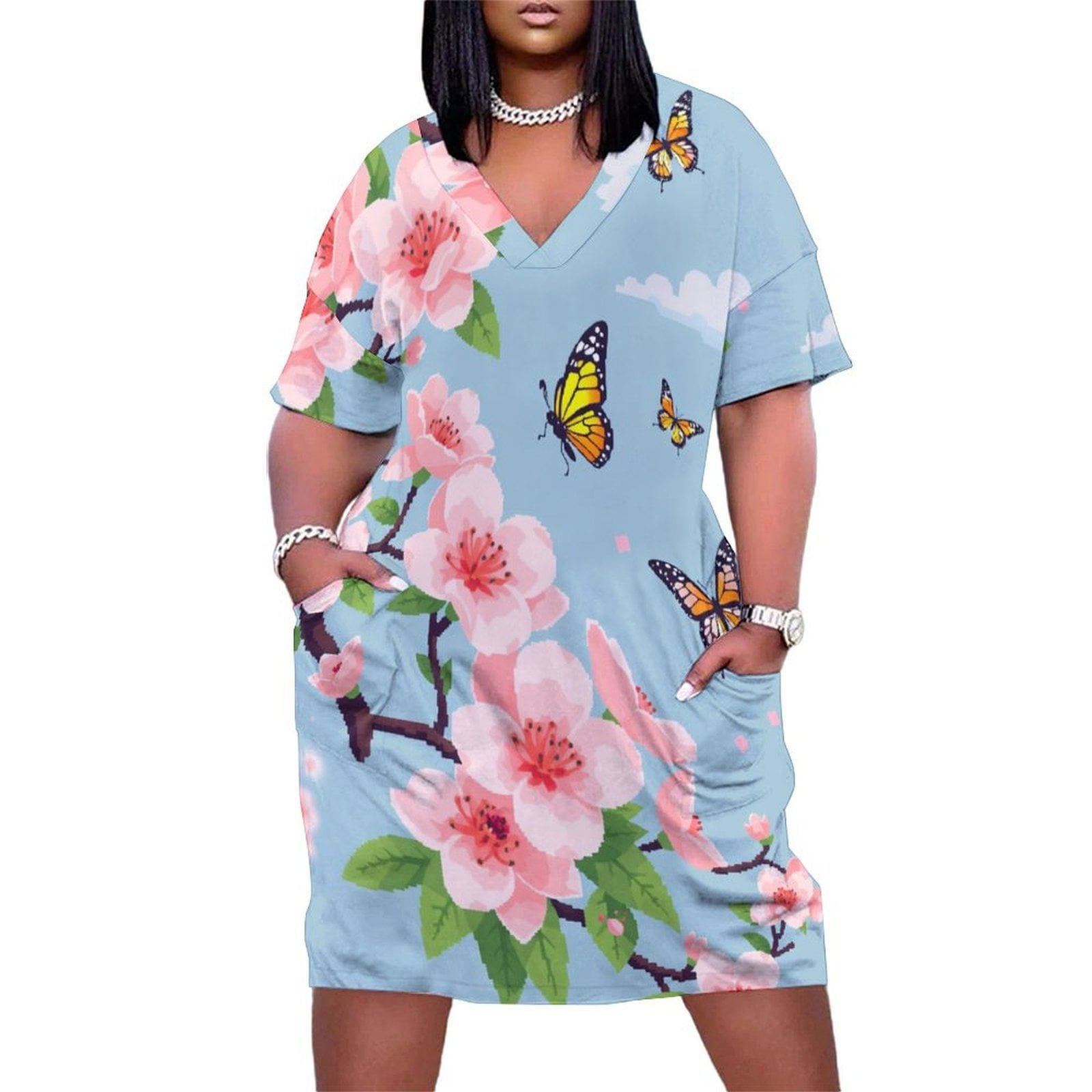 Cherry Blossoms Butterflies Spring Loose Pocket Dress Elegant Women"s Dresses for Wedding ...