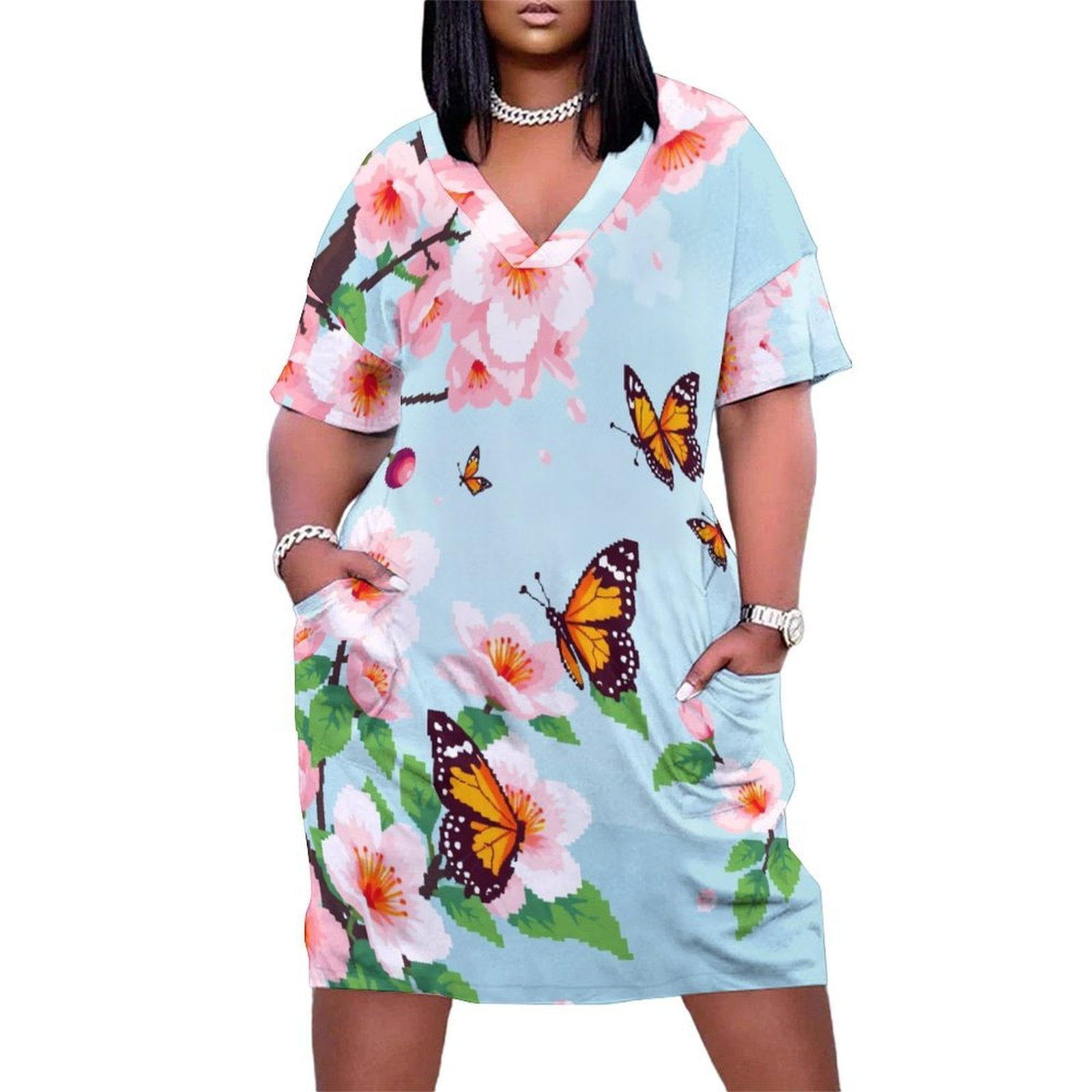 Cherry Blossoms Butterflies Spring Loose Pocket Dress Elegant Women"s Dresses for Wedding ...