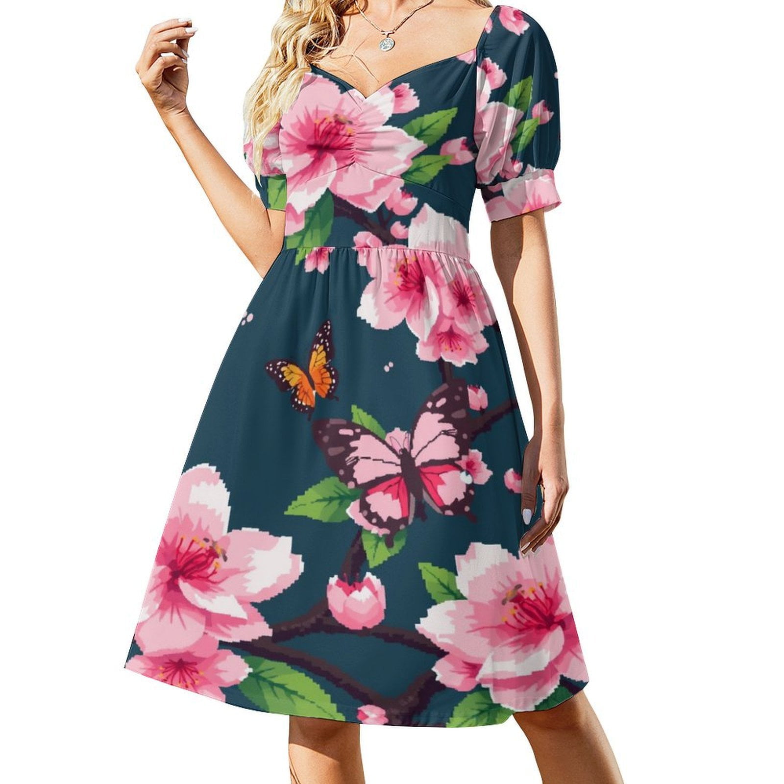 Cherry Blossoms Butterflies Spring Short Sleeved Dress Womans Clothing Beach Dresses Dress ...