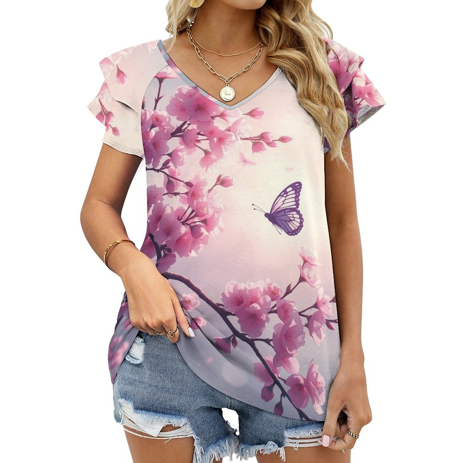 Cherry Blossoms Butterflies Spring V-Neck T-shirt Summer Women Blouses Loose Tops Plus Size ...