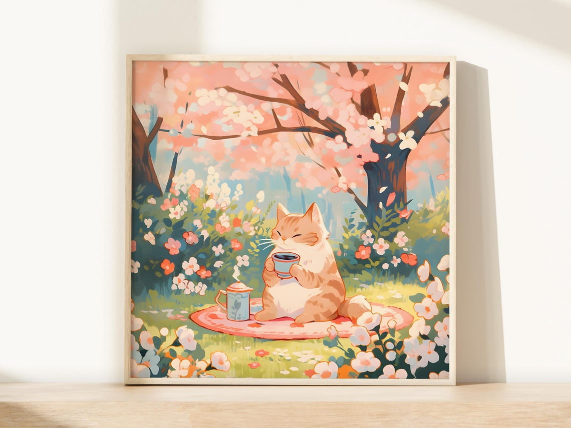 Cherry Blossoms Cat Poster - Ginger Catakura Print, Japanese Catlovely ...