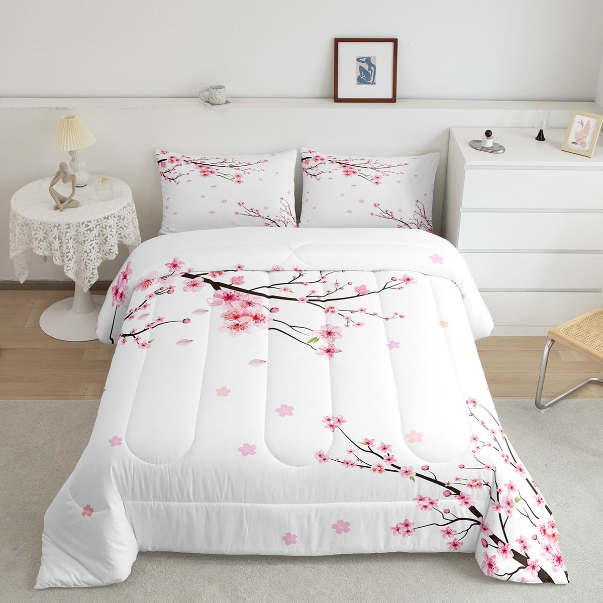 Cherry Blossoms Comforter Set Queen, Pink Floral Bedding,Spring ...