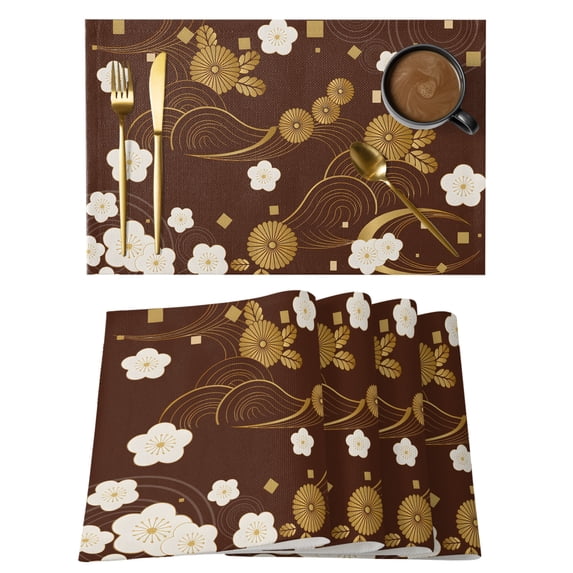 Cherry Blossoms Cotton Linen Placemats Set of 6, Japanese Style Gold ...