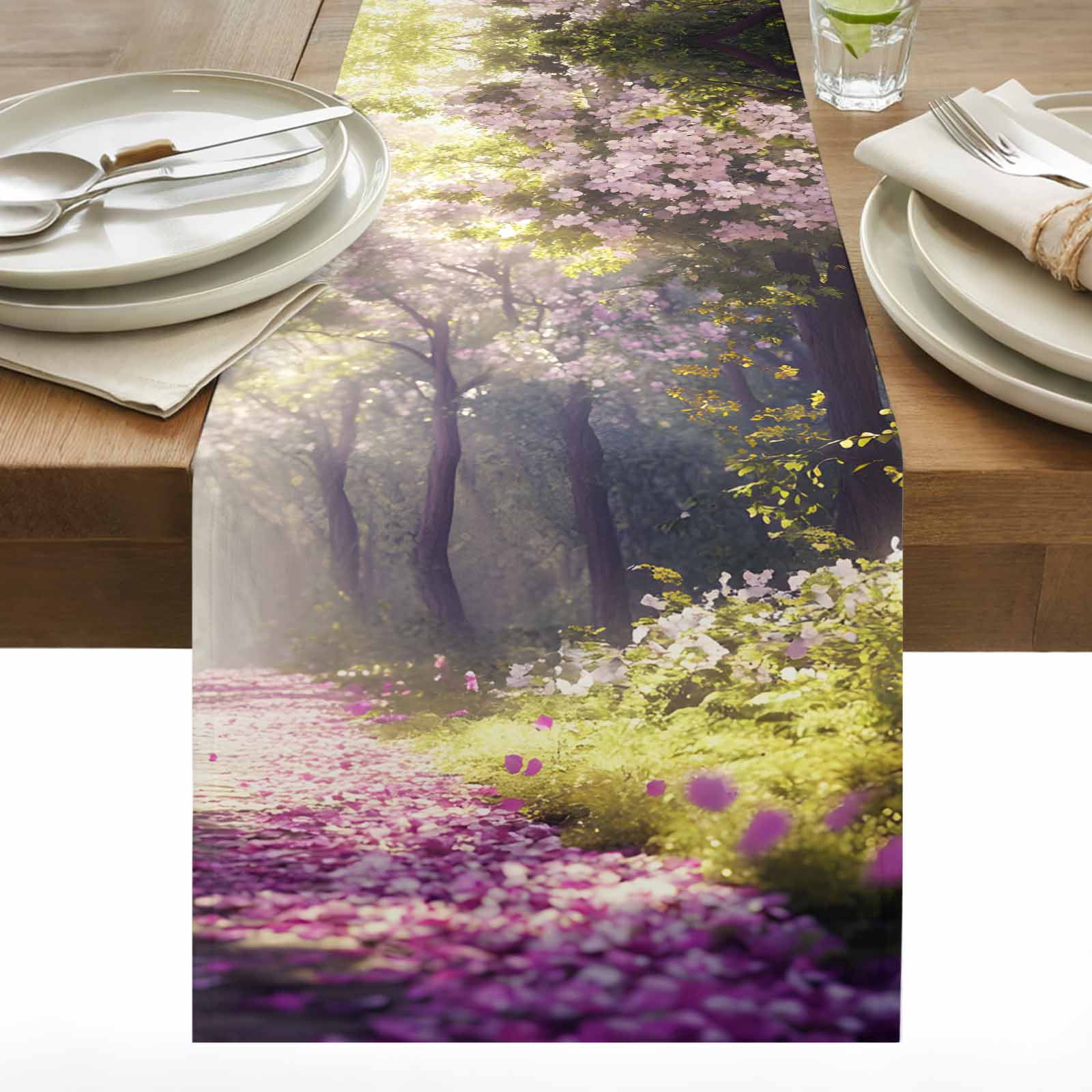 Cherry Blossoms Cotton Linen Table Runner Flowers Sunlight Dining Table ...