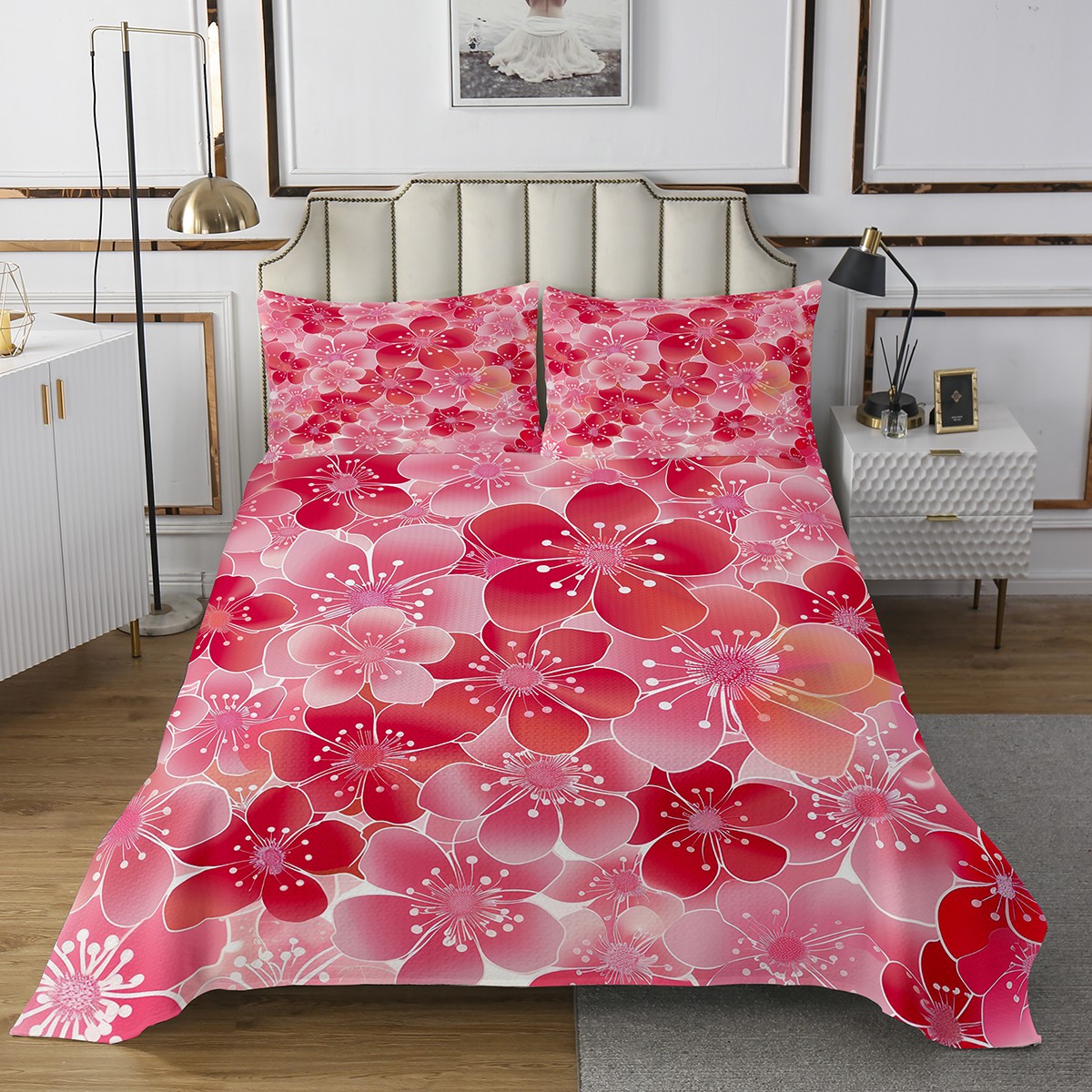 Cherry Blossoms Coverlet Set Sakura Decor Queen Quilt Set,Pink Flowers ...