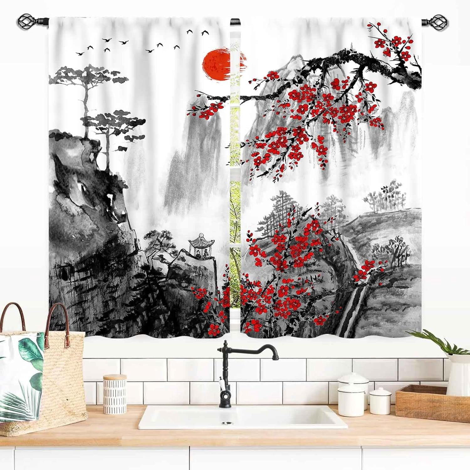Cherry Blossoms Curtains, Japanese Traditional Ink Painting Red Floral ...