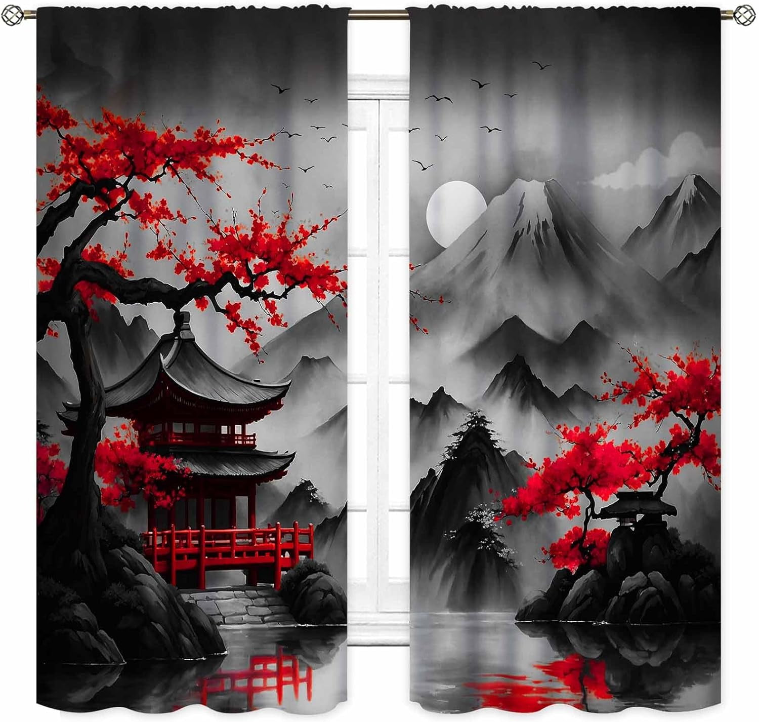 Cherry Blossoms Curtains, Japanese Traditional Ink Painting Red Floral ...