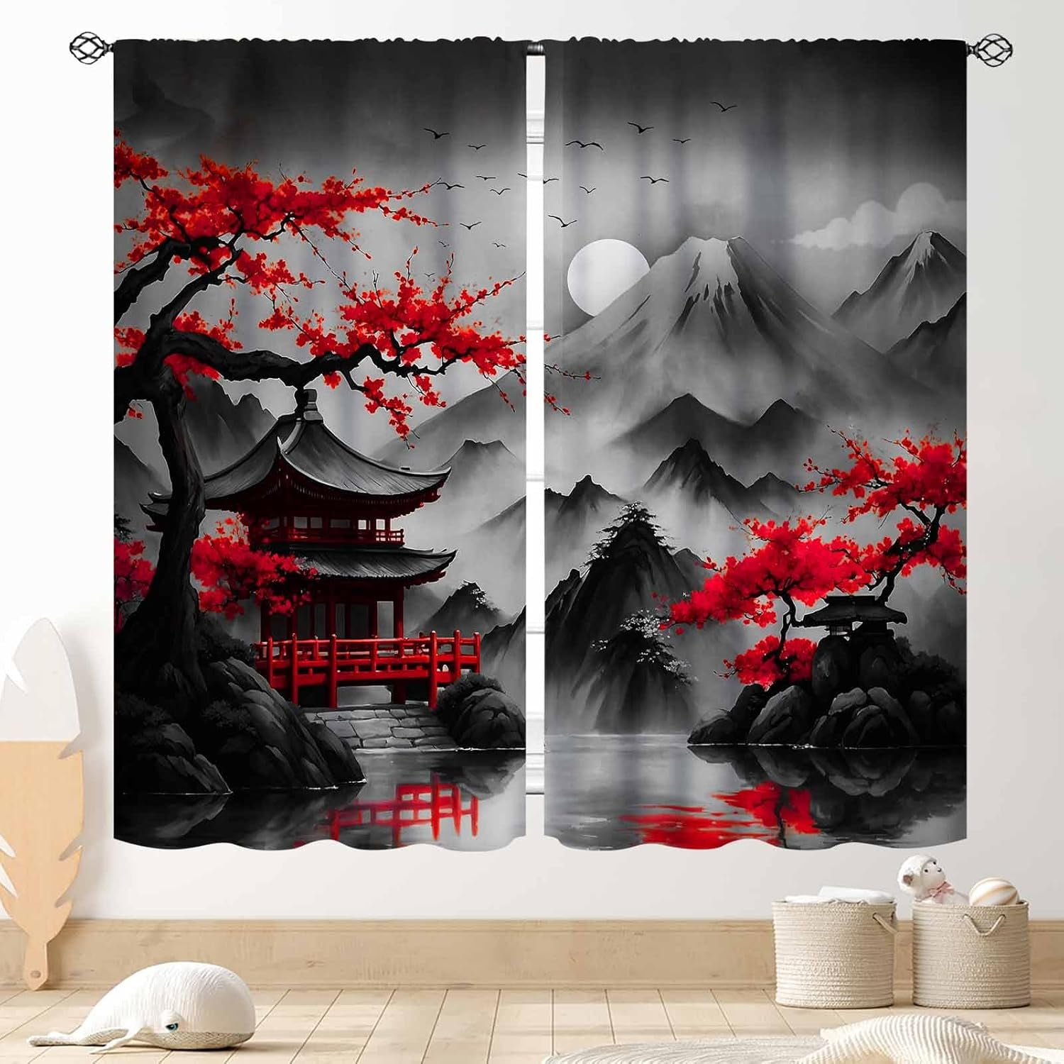 Cherry Blossoms Curtains, Japanese Traditional Ink Painting Red Floral ...