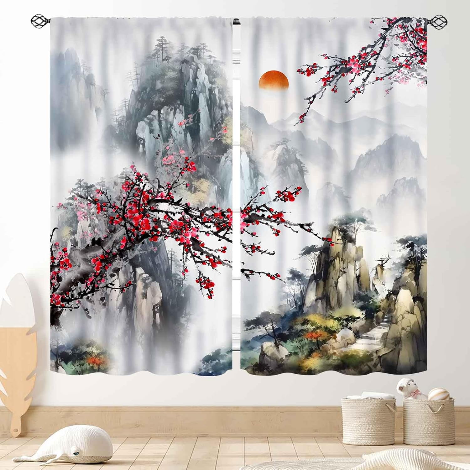 Cherry Blossoms Curtains, Japanese Traditional Ink Painting Red Floral ...