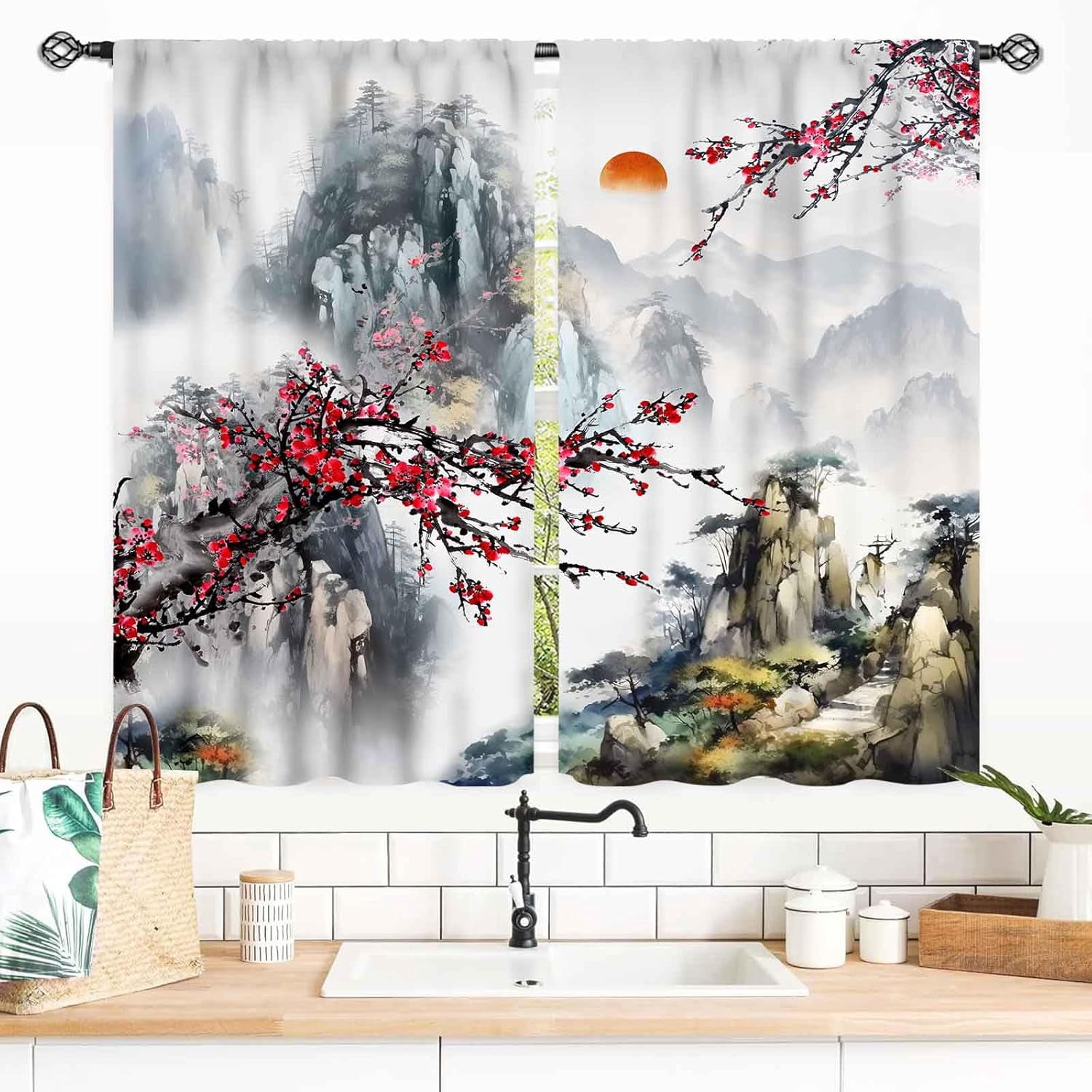 Cherry Blossoms Curtains, Japanese Traditional Ink Painting Red Floral ...