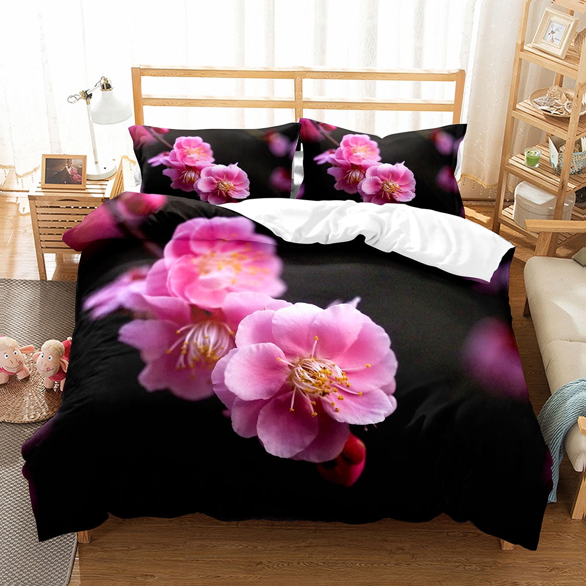 Cherry Blossoms Duvet Cover Set King Full Size Pink Flower Polyester ...