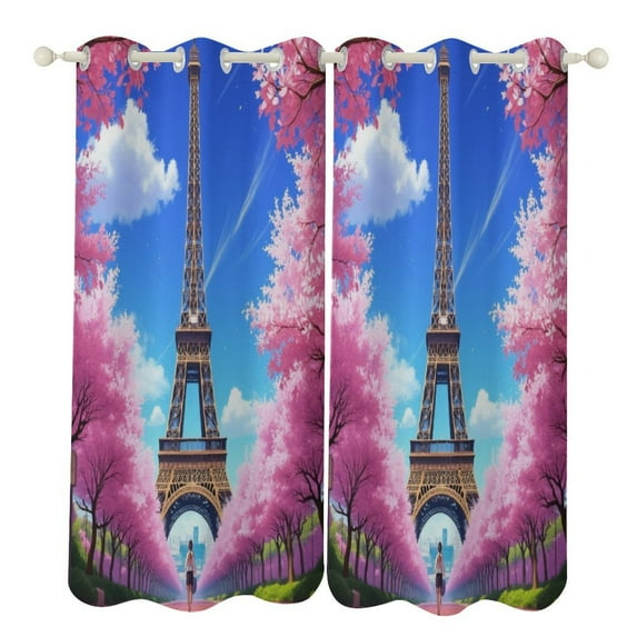 Cherry Blossoms by The Eiffel Tower Blackout Curtains Window Drapes Room Darkening Thermal ...
