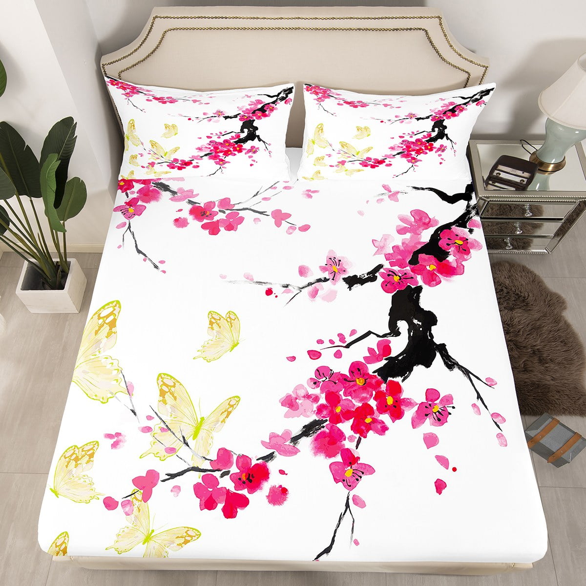 Cherry Blossoms Fitted Sheet Pink Floral Bed Sheets Twin, Japanese ...