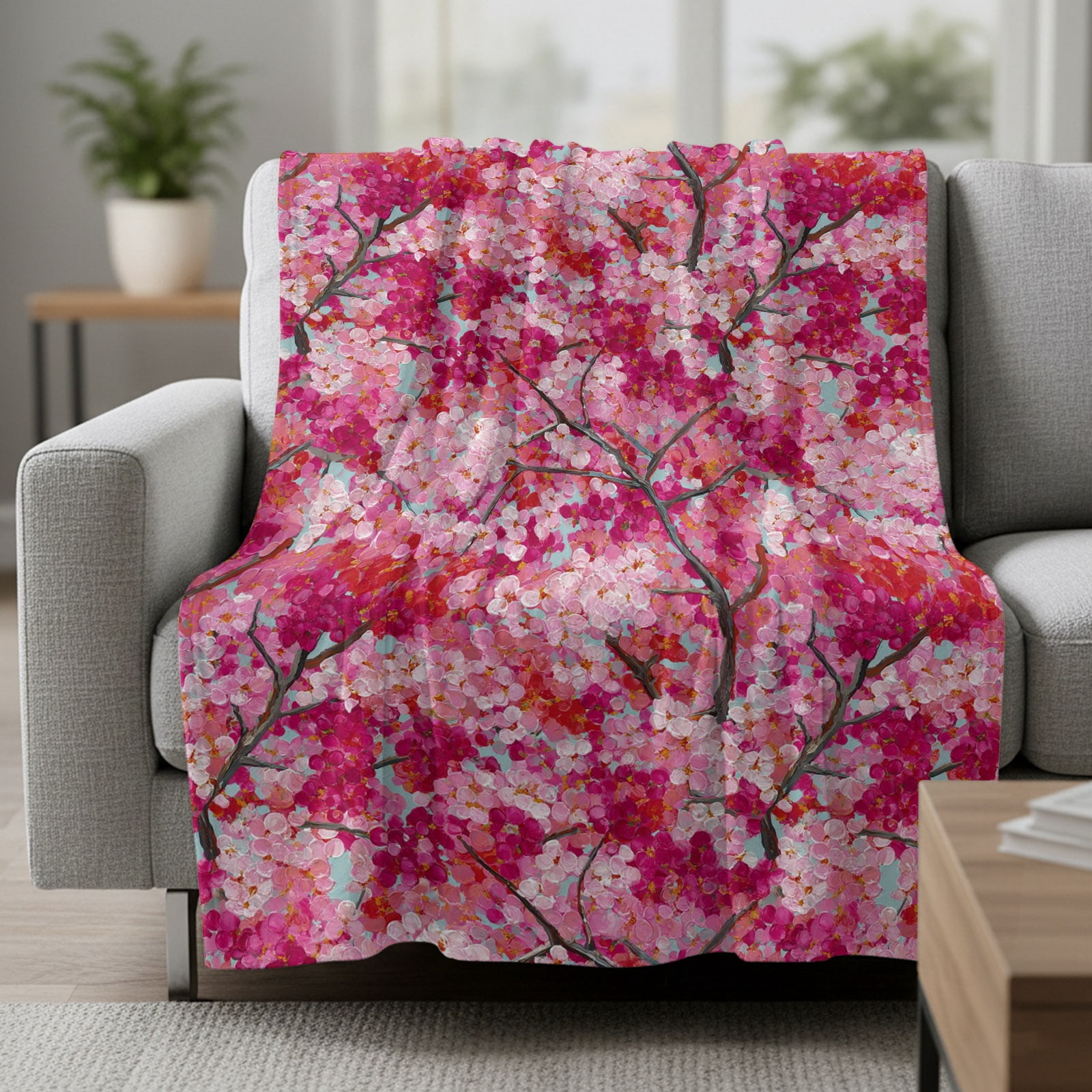 Cherry Blossoms Fleece Throw Blanket Modern Abstract Art Pink Cherry ...