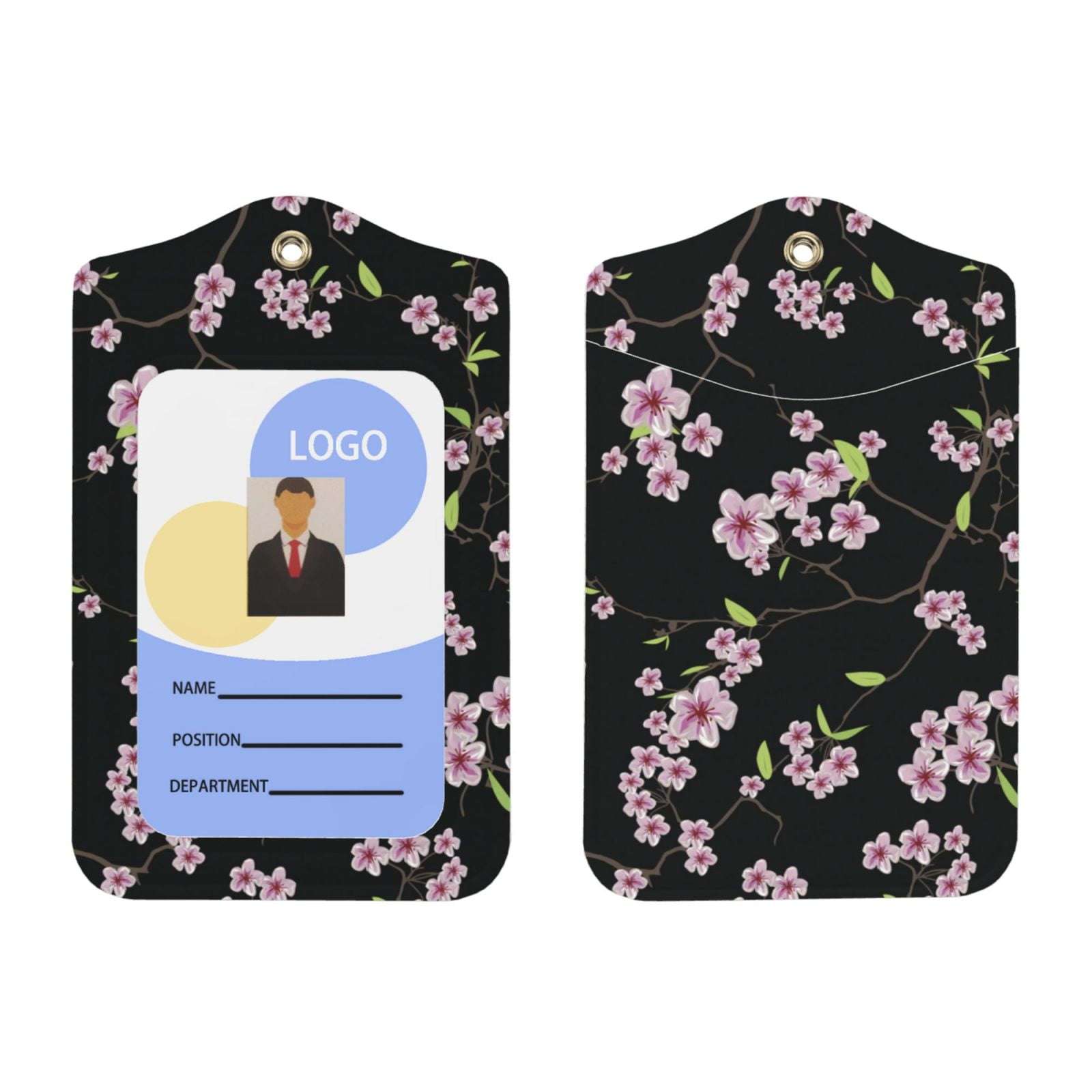 Cherry Blossoms Flower Pattern Id Card Badge Leather Holder Case ...