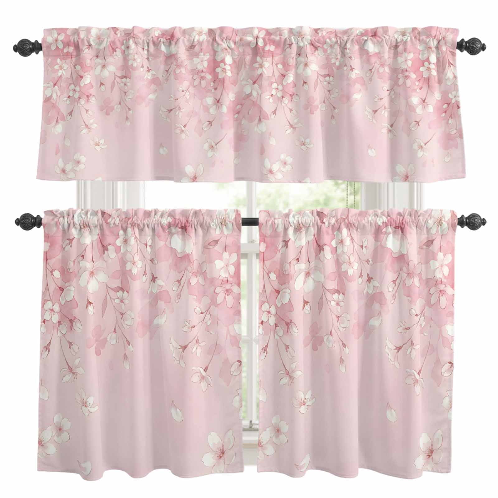 Cherry Blossoms Kitchen Curtains Set for Windows, Japanese Gradient ...