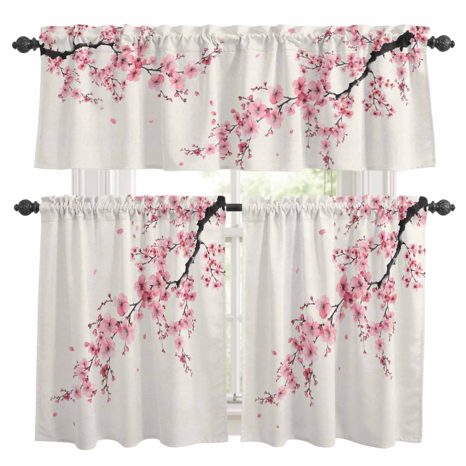 Cherry Blossoms Kitchen Curtains Set for Windows, Watercolor Pink ...