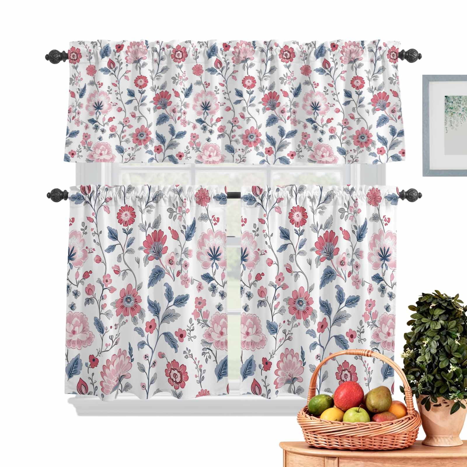 Cherry Blossoms Kitchen Curtains Valances 3 Piece Set, Pink Flower Blue ...