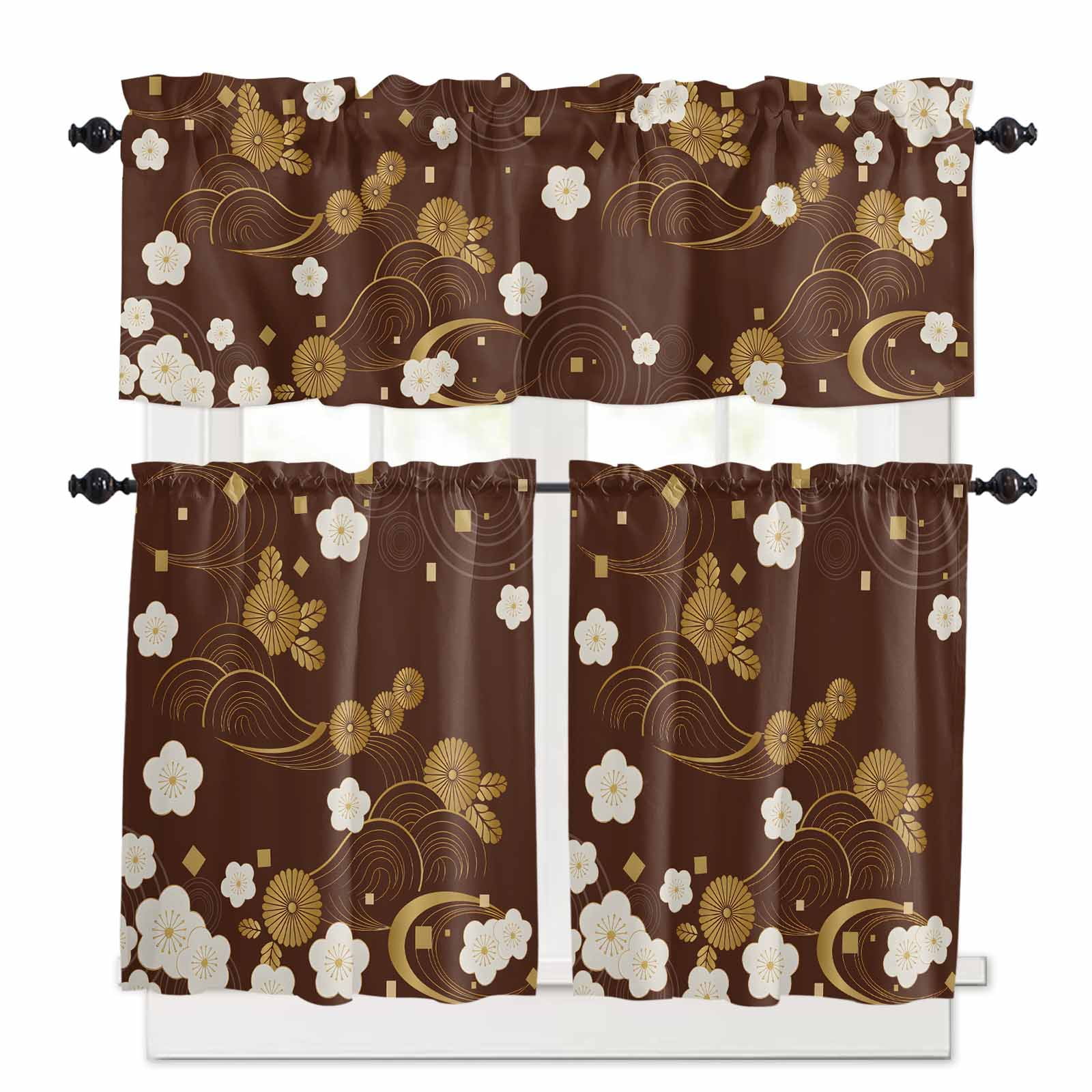 Cherry Blossoms Kitchen Curtains Valances and Tiers Japanese Style Gold ...
