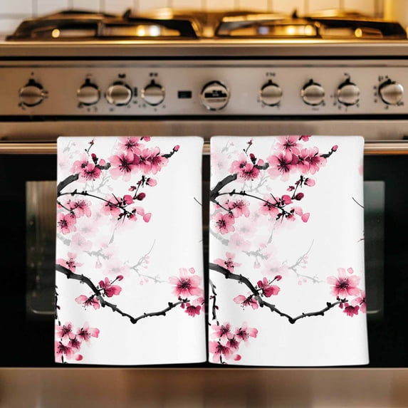 Cherry Blossoms Kitchen Towels Set of 2, Pink Pastoral Modern Gradient ...