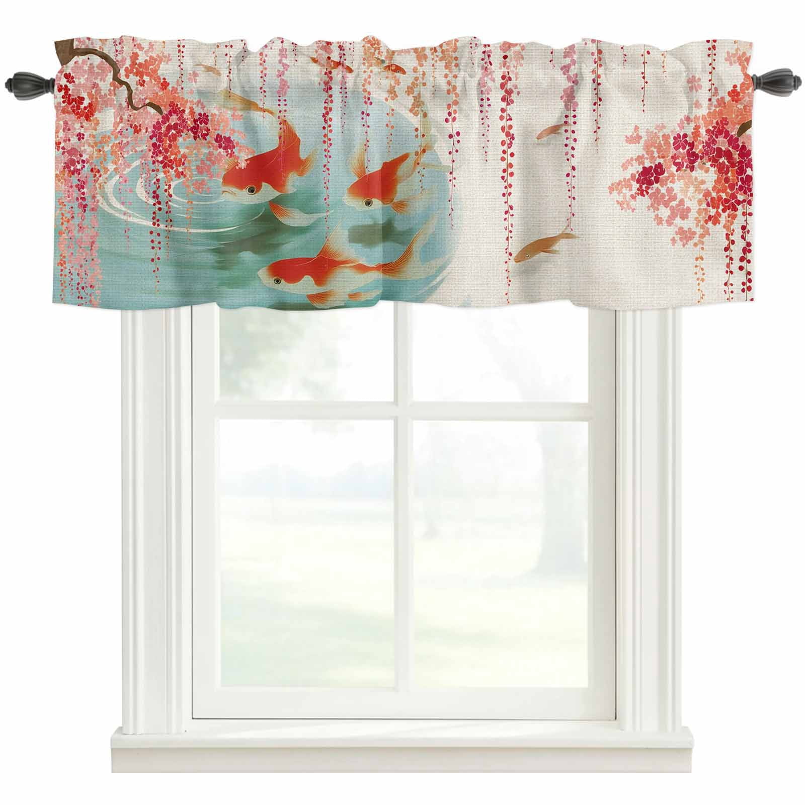 Cherry Blossoms Kitchen Valances for Windows, Farmhouse Rustic Goldfish ...