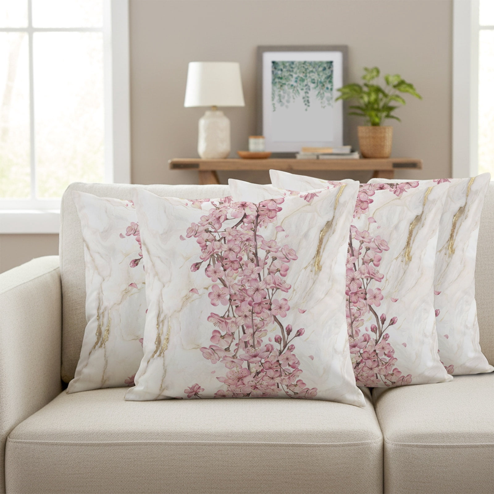 Cherry Blossoms Pillow Covers Set of 4, Spring Pink Watercolor Floral ...
