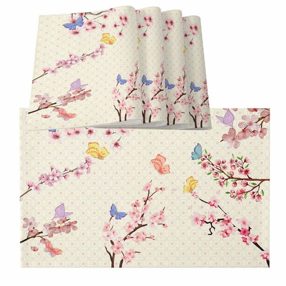 Cherry Blossoms Plant Placemats for Dinning Table Set of 6, Pink Floral ...