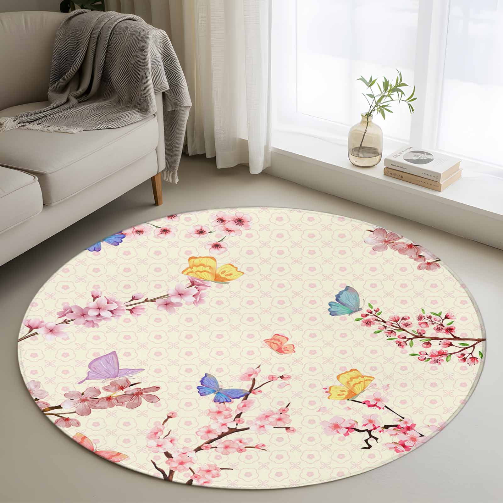 Cherry Blossoms Plant Round Area Rug 3 FT, Small Kitchen Bathroom Mat ...