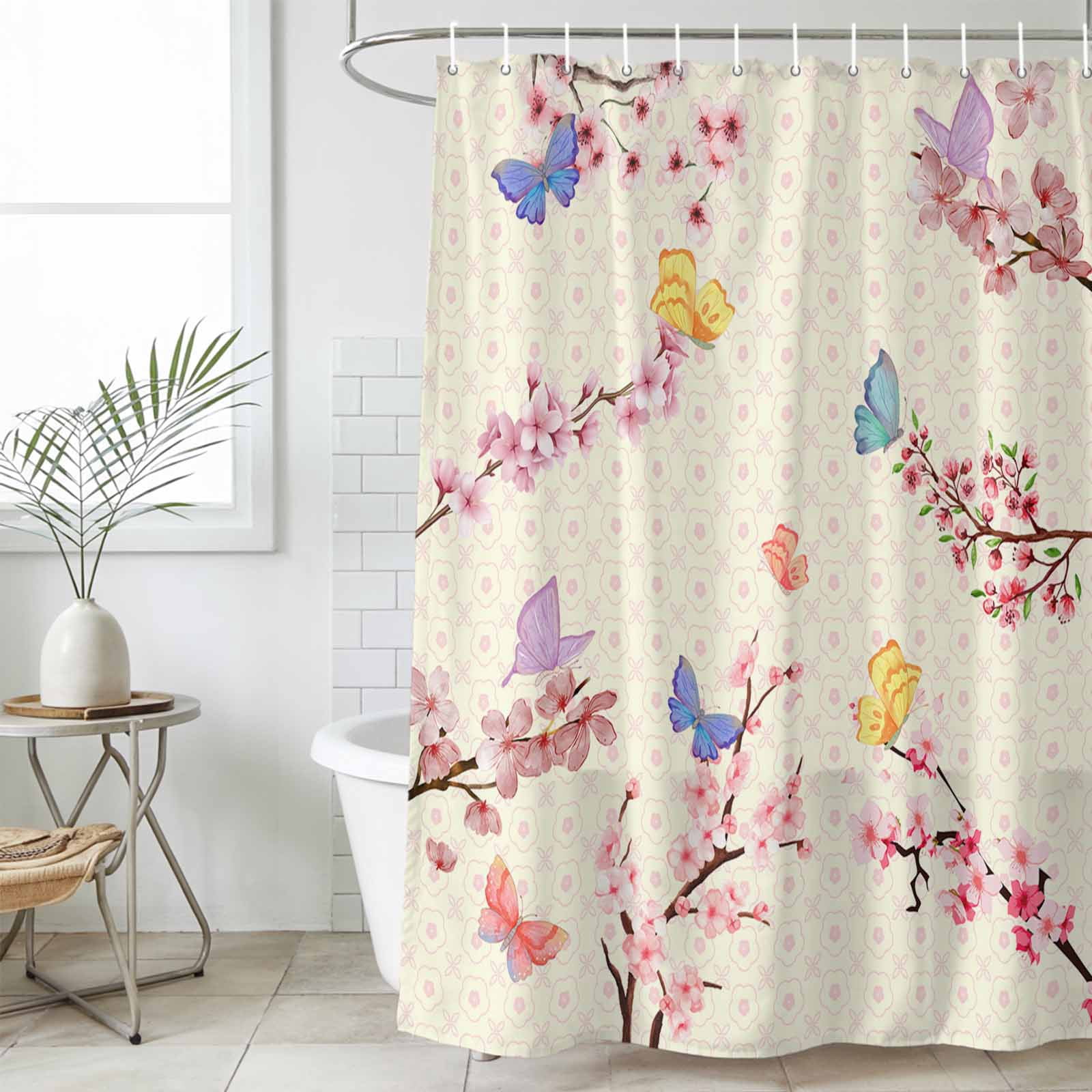 Cherry Blossoms Plant Waterproof Fabric Shower Curtain,Pink Floral ...