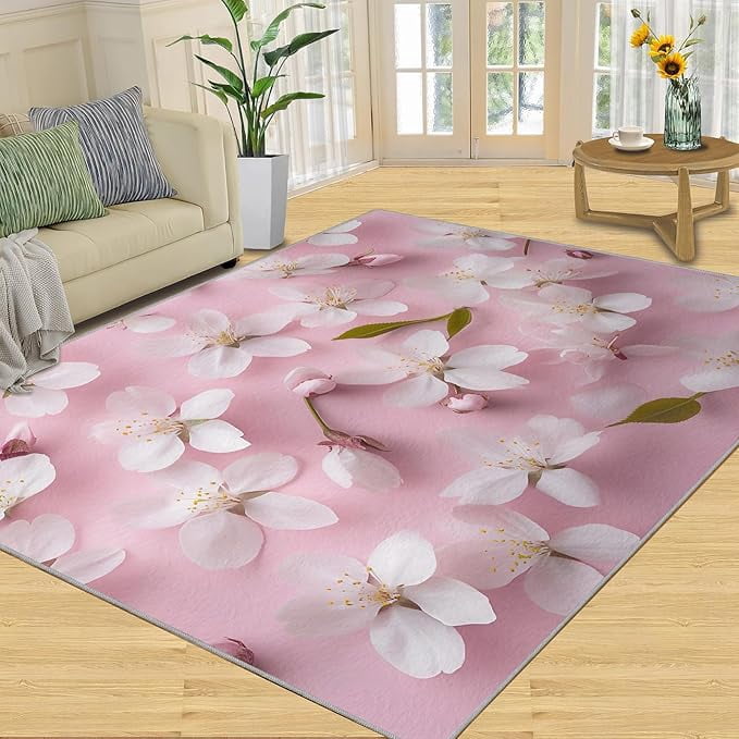 Cherry Blossoms Rugs for Living Room, Pastoral Style Rug, Pink Flowers ...