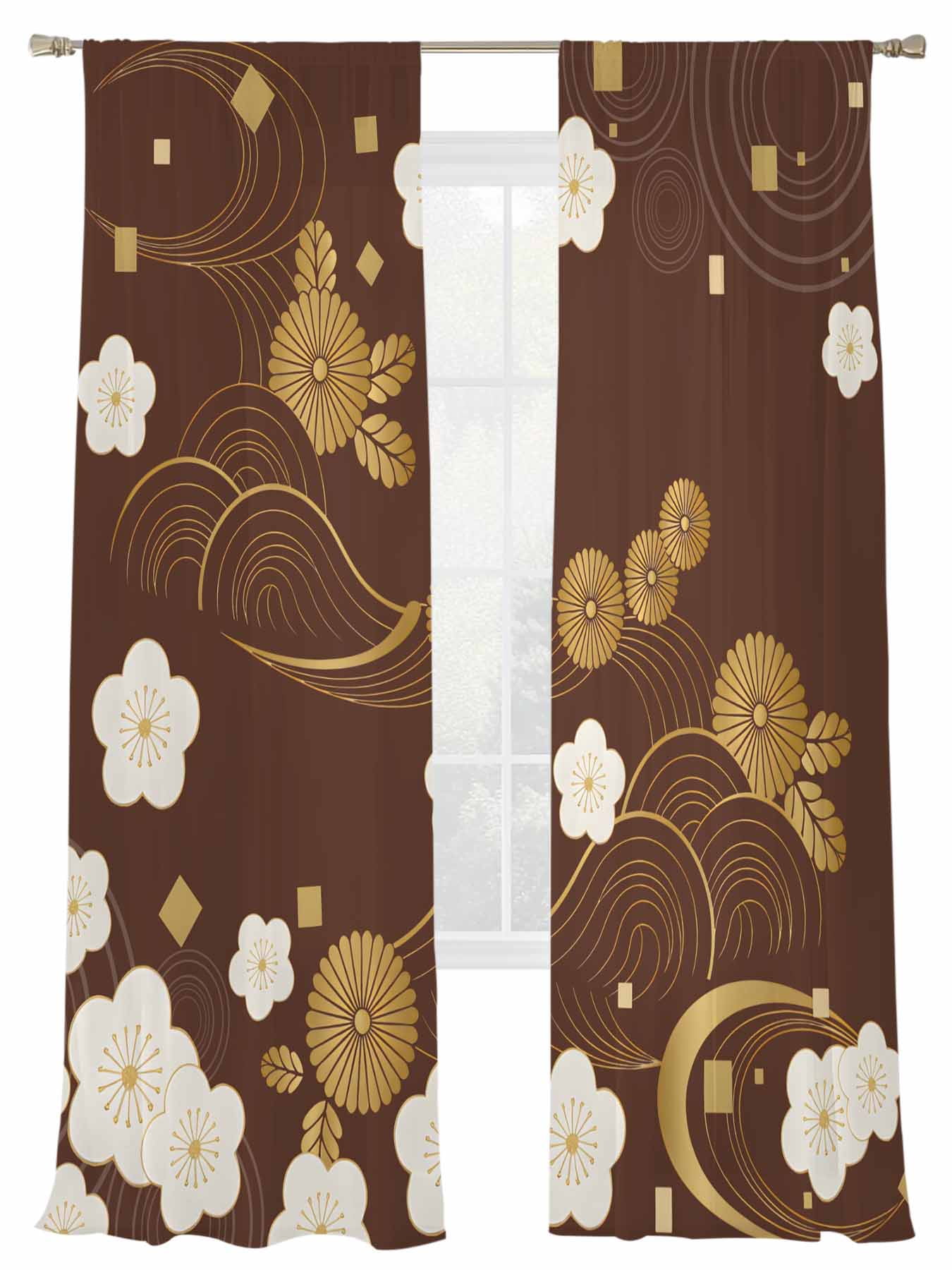Cherry Blossoms Sheer Curtains 2 Panels Set Japanese Style Gold Flower ...