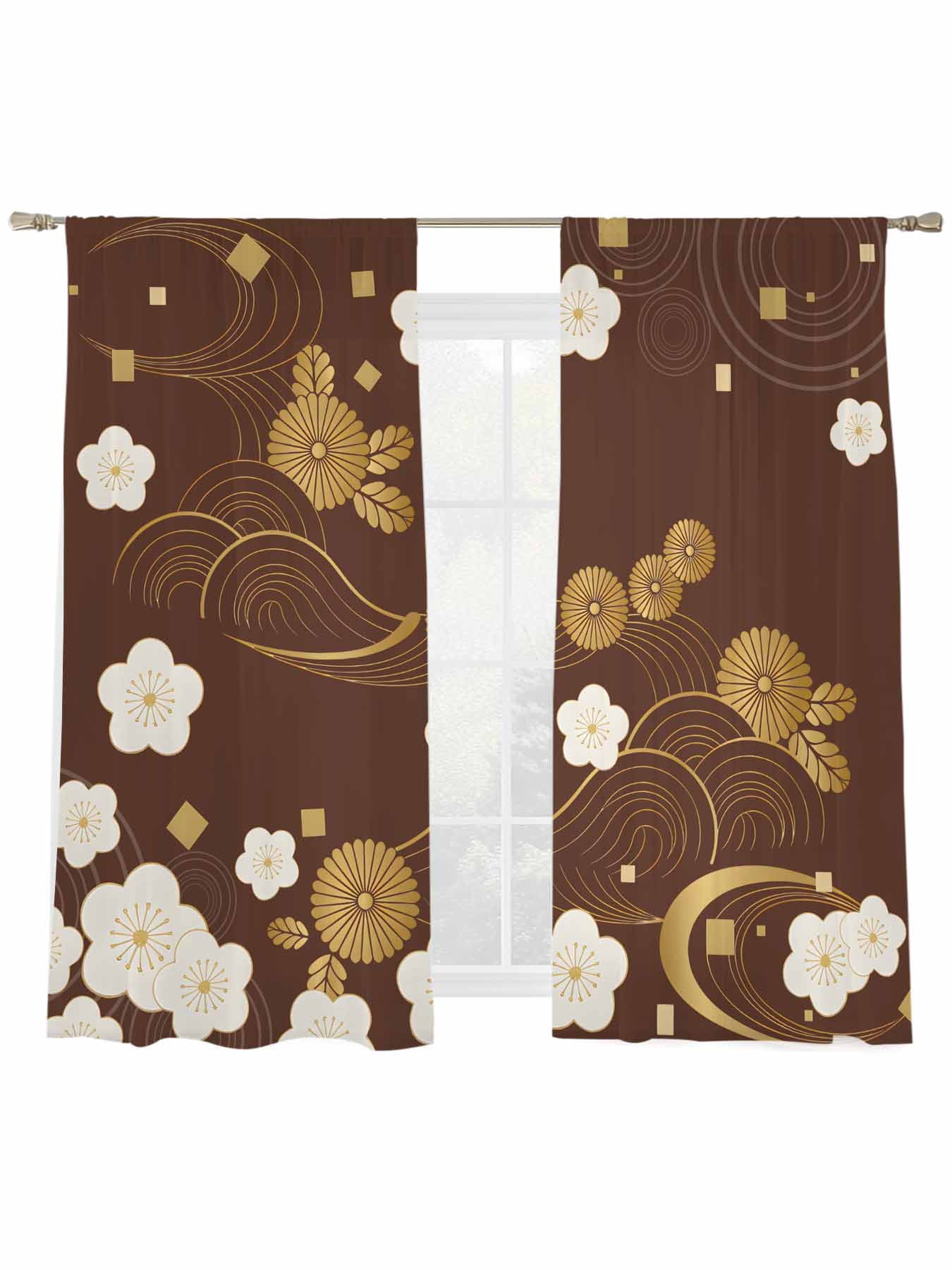 Cherry Blossoms Sheer Curtains 2 Panels Set Japanese Style Gold Flower ...