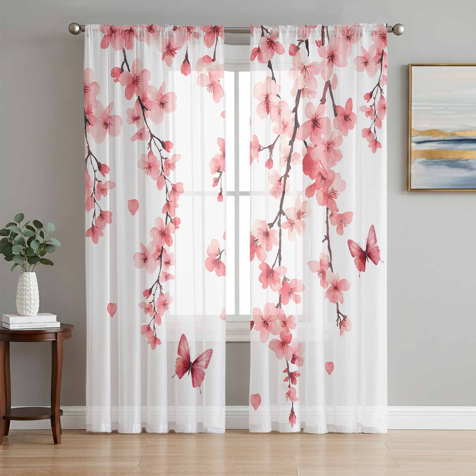 Cherry Blossoms Sheer Curtains 63 Inch Length 2 Panels Set, Spring ...