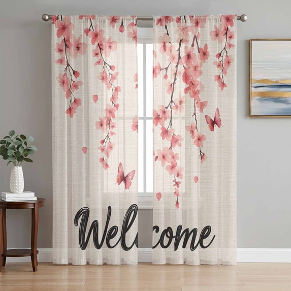 Cherry Blossoms Sheer Curtains 63 Inch Length 2 Panels Set, Spring ...