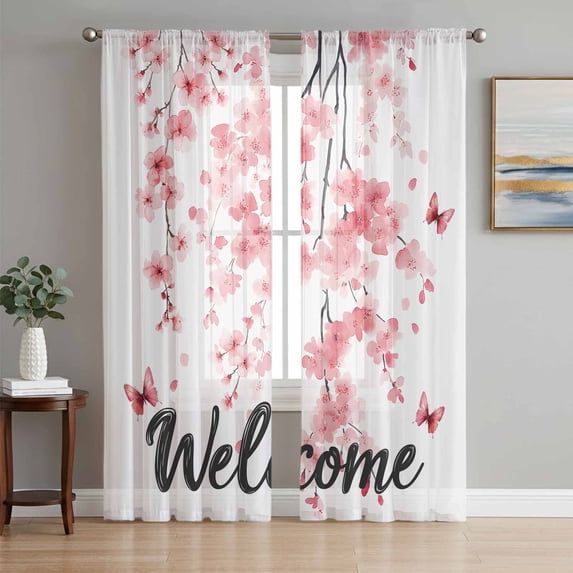 Cherry Blossoms Sheer Curtains 72 Inch Length 2 Panels Set, Butterfly ...