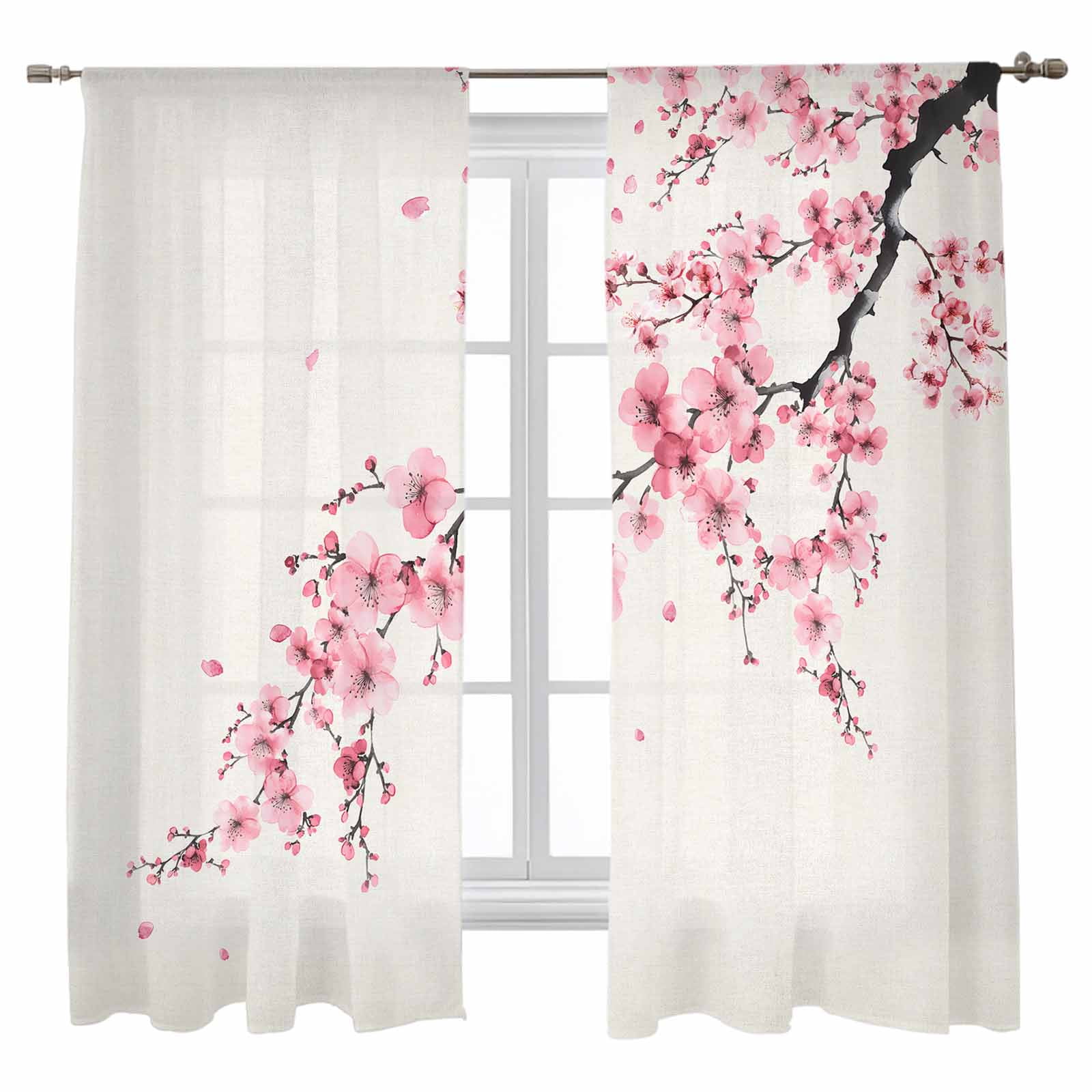 Cherry Blossoms Sheer Curtains 72 inches Long, Watercolor Pink Floral Nature Vintage Linen Light ...