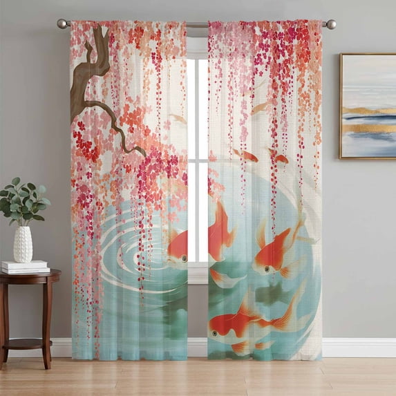 Cherry Blossoms Sheer Curtains 96 Inch Length 2 Panels Set, Farmhouse ...